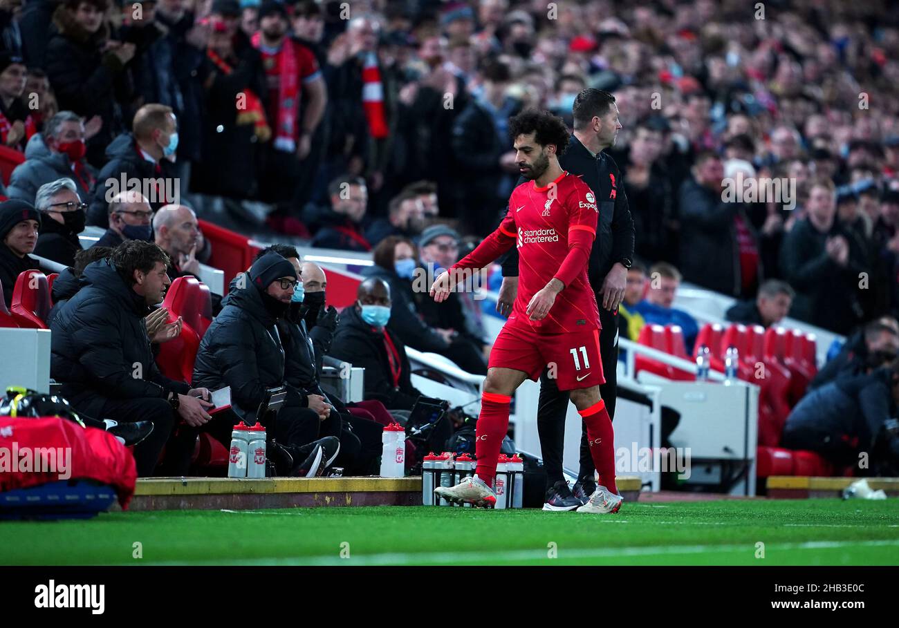 Liverpool's Mohamed Salah walks off the pitch after being substituted ...