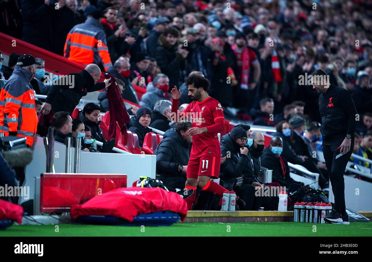 Liverpool's Mohamed Salah walks off the pitch after being substituted ...