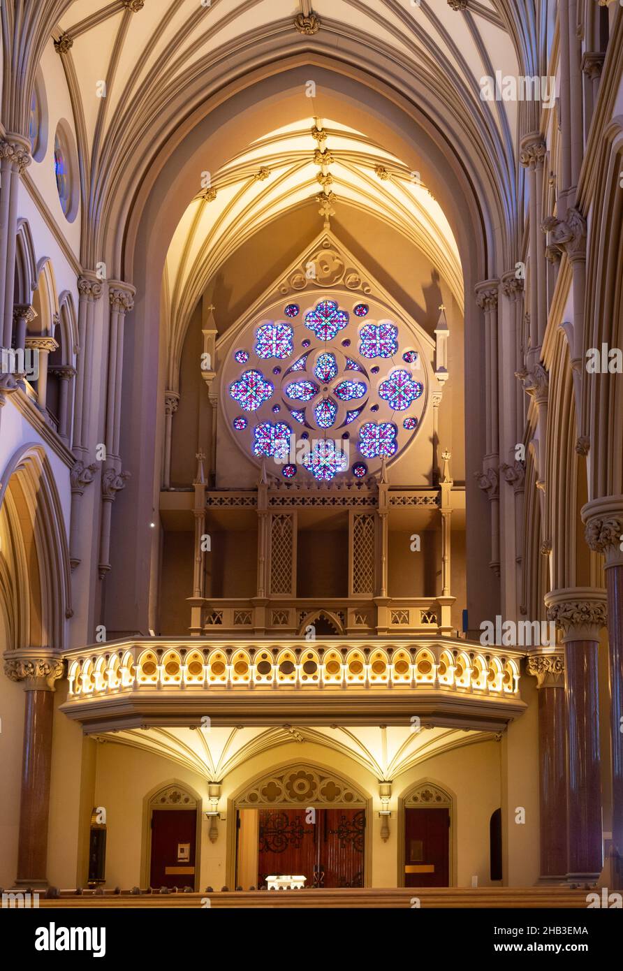 Stained glass rose window, columns, and arched ceiling in the Saint ...