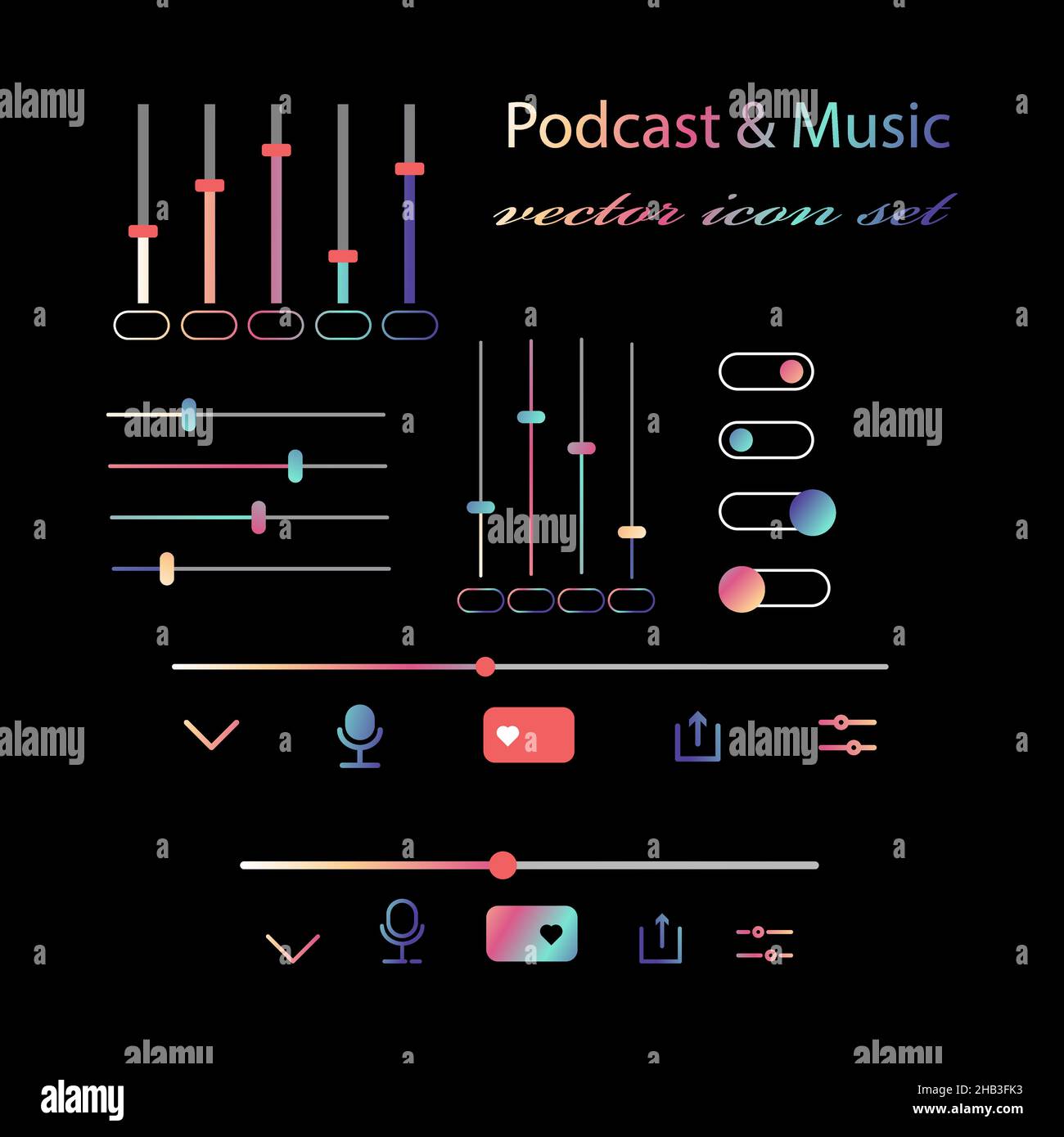 Music podcast player gradient button interface set. Vector control ...