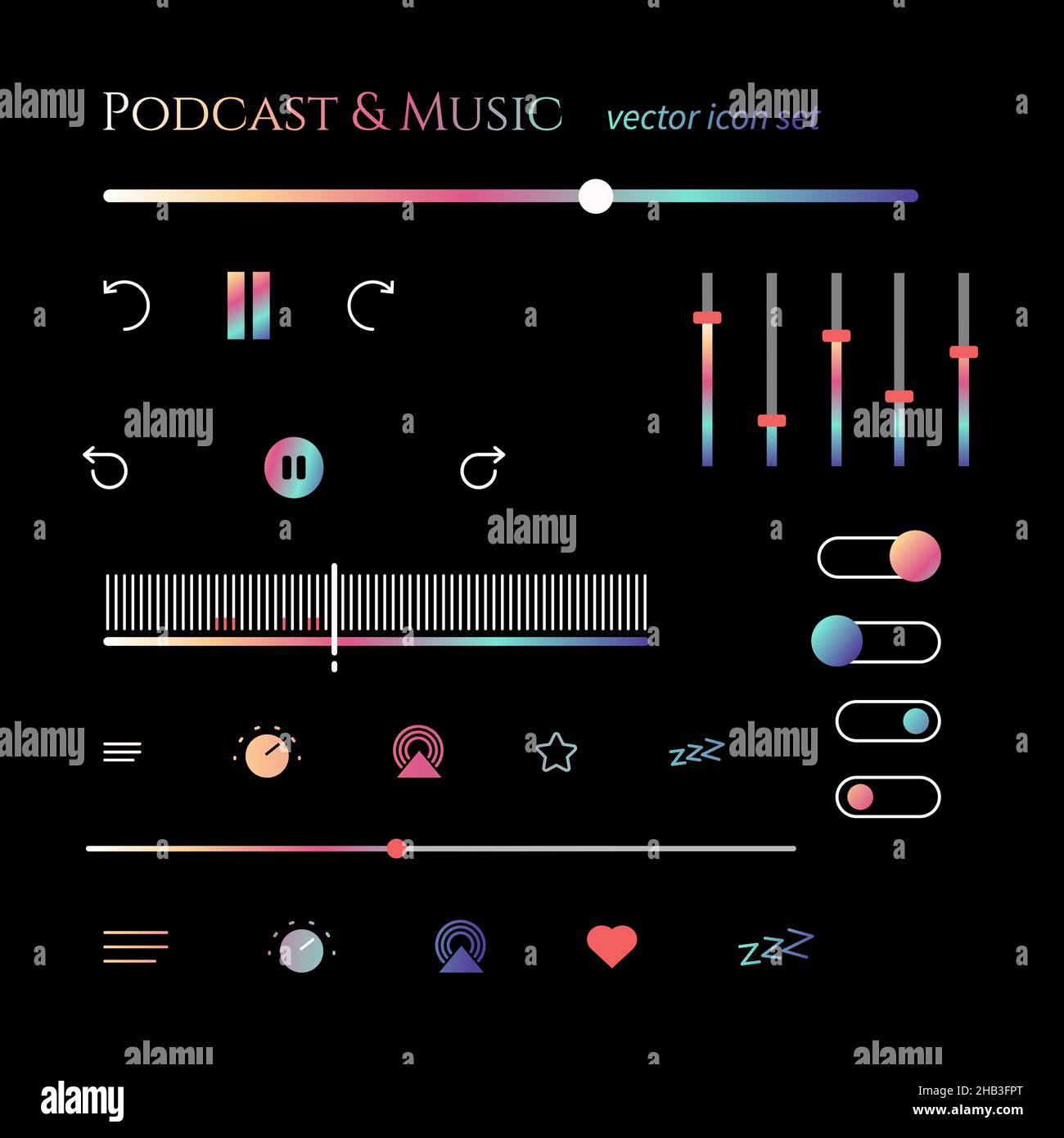 Music podcast player gradient button interface set. Vector control ...