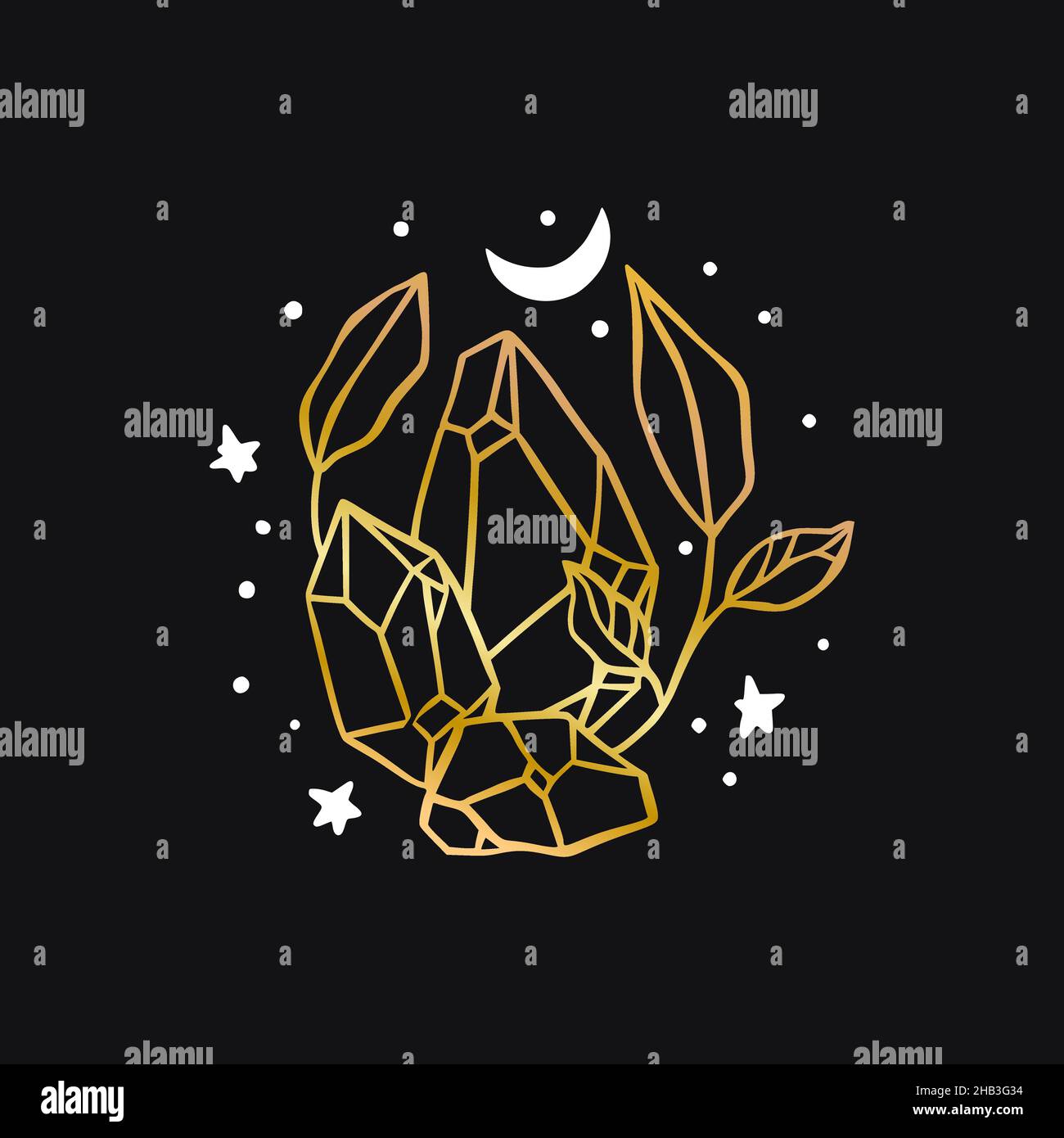 Vector boho celestial crystal stone icon - star and moon gold logo ...