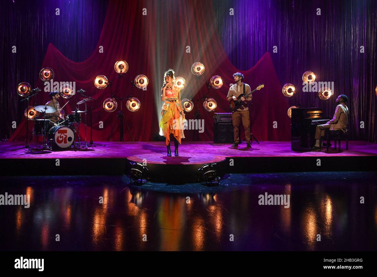 EDITORIAL USE ONLY Joy Crookes performing during the filming for the Graham Norton Show at BBC ...