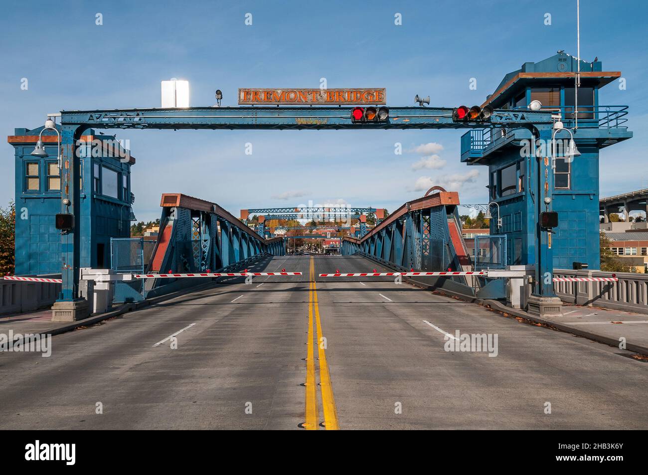 The double-leaf bascule drawbridge moves into raising or nearing ...