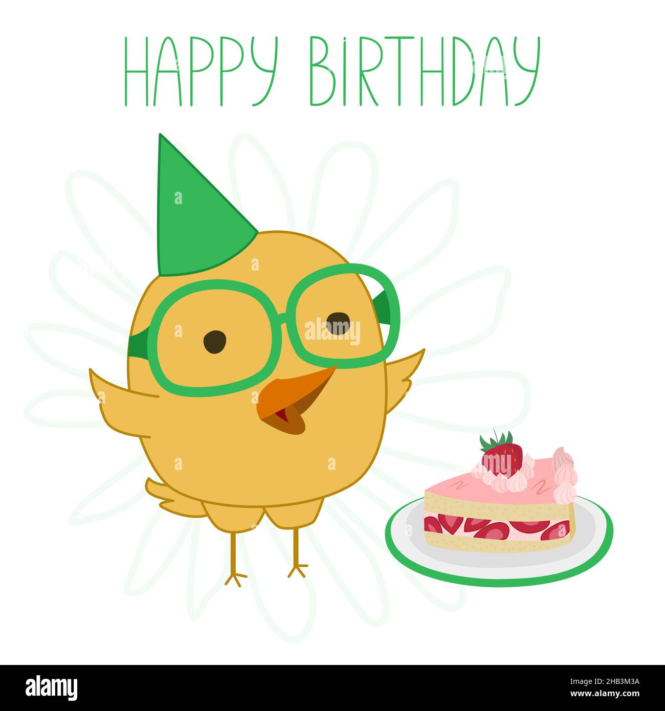Creative birthday card. Vector illustration of a chicken wearing ...