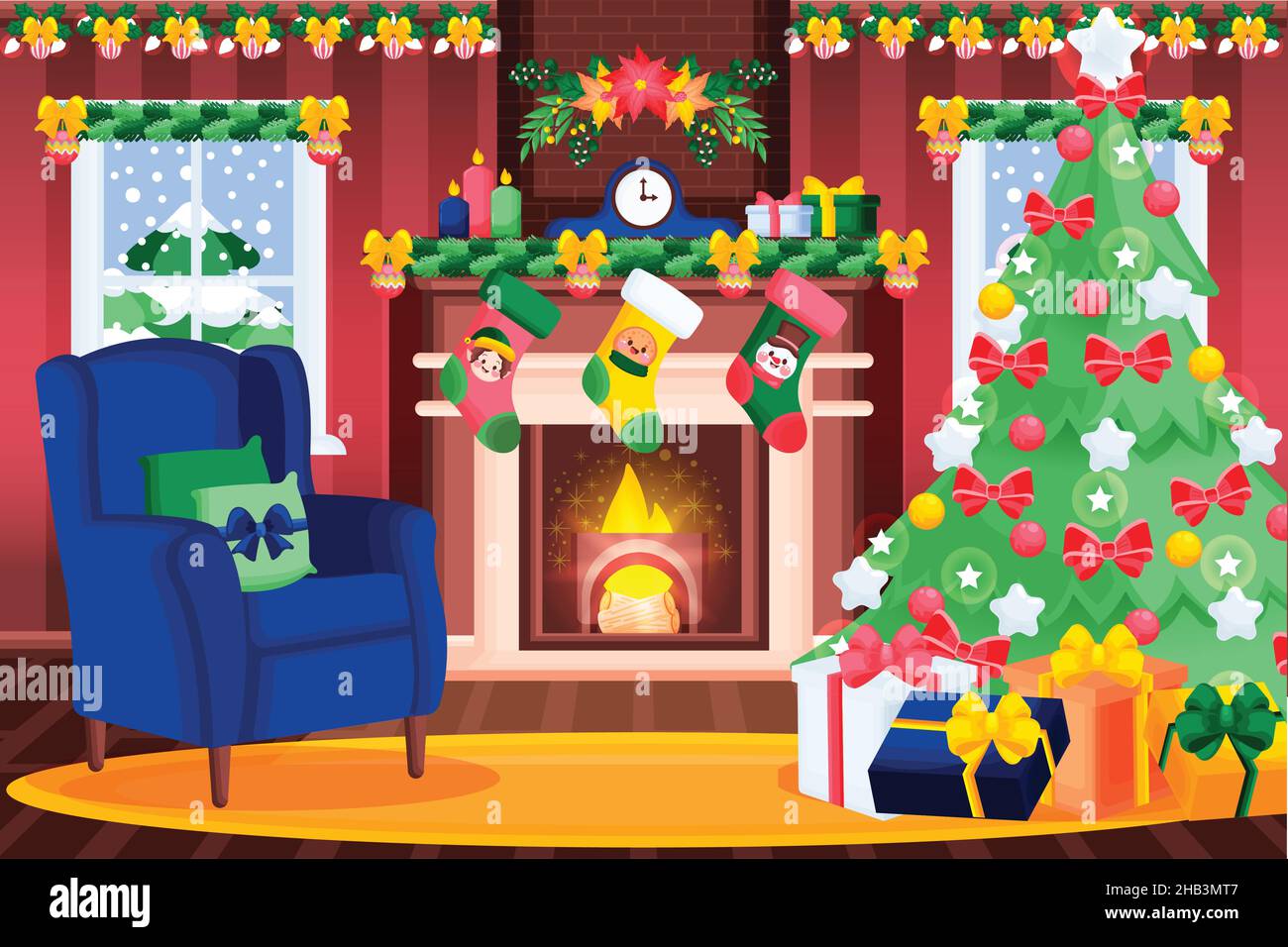 hand drawn christmas fireplace scene vector design illustration Stock ...
