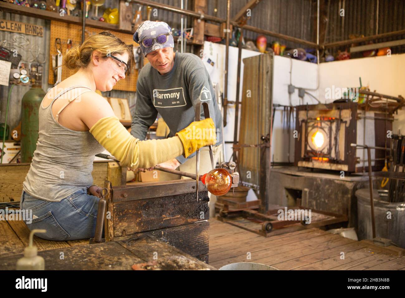 glass blowing lessons in the Harmony Glass Works, Harmony, California ...