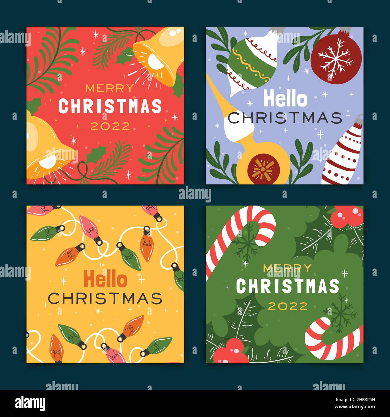 colorful hand drawn christmas cards pack vector design illustration ...