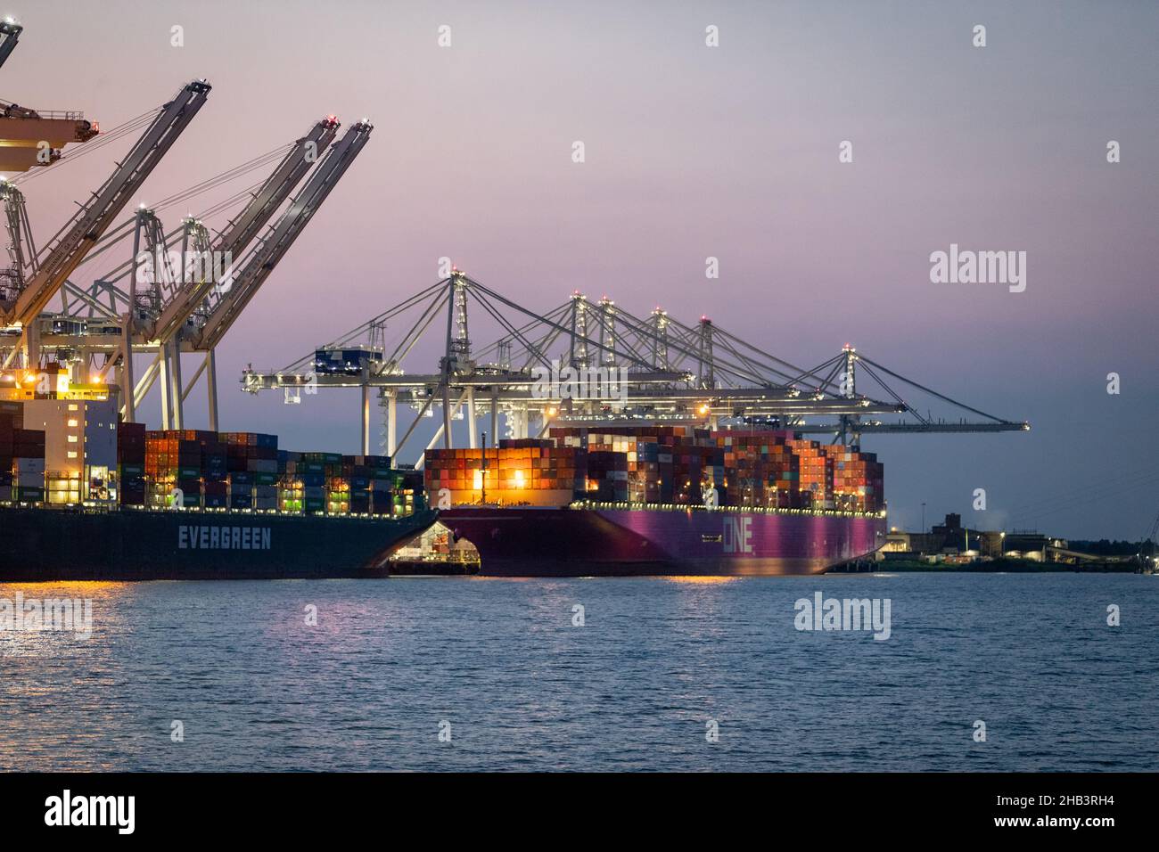 Containers ships docked at the Port of Savannah at dusk, July 29, 2021 ...
