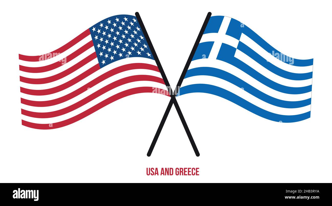 USA and Greece Flags Crossed And Waving Flat Style. Official Proportion ...