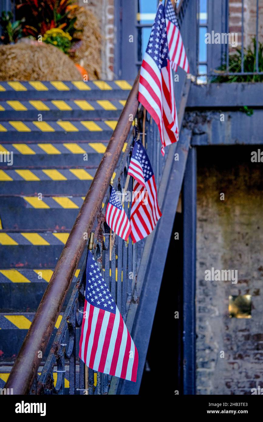 American Flags on Step Railing Stock Photo - Alamy