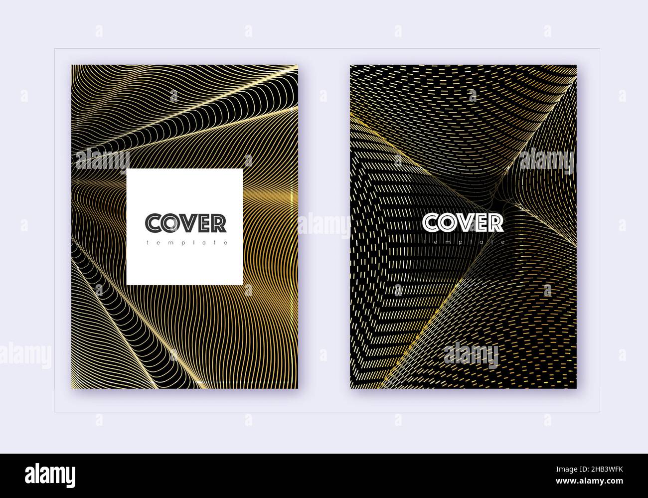 Hipster cover design template set. Gold abstract lines on black ...