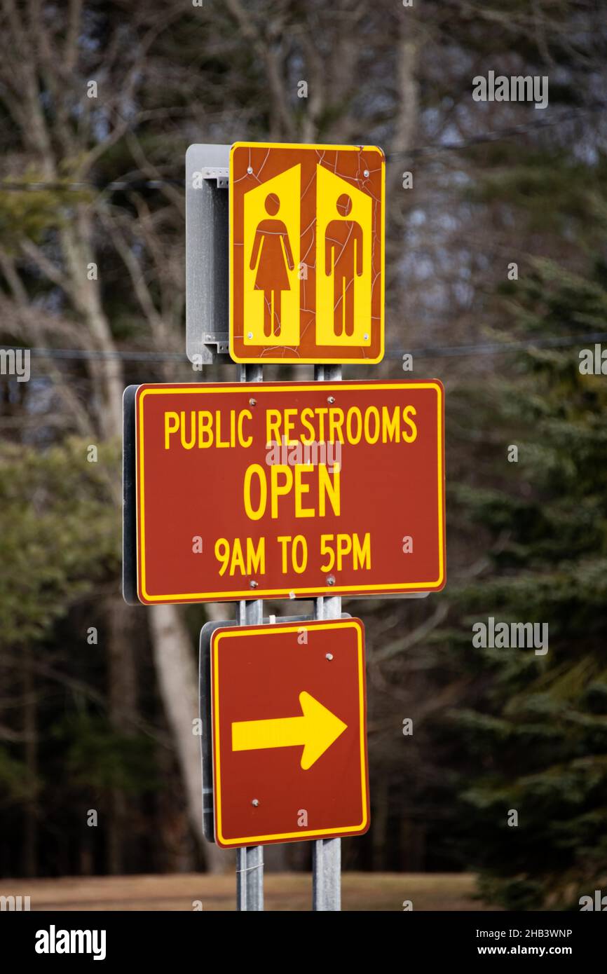 Public restrooms open sign with hours, pictures and an arrow pointing ...