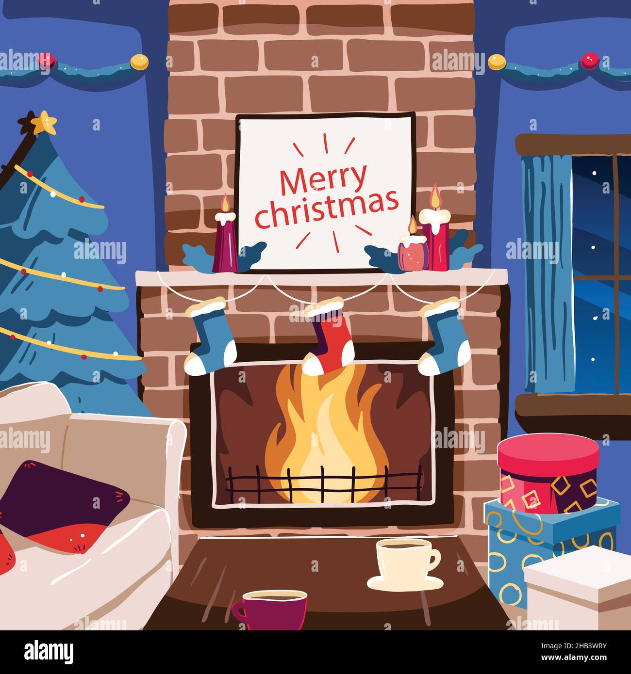 hand drawn christmas fireplace scene vector design illustration Stock ...