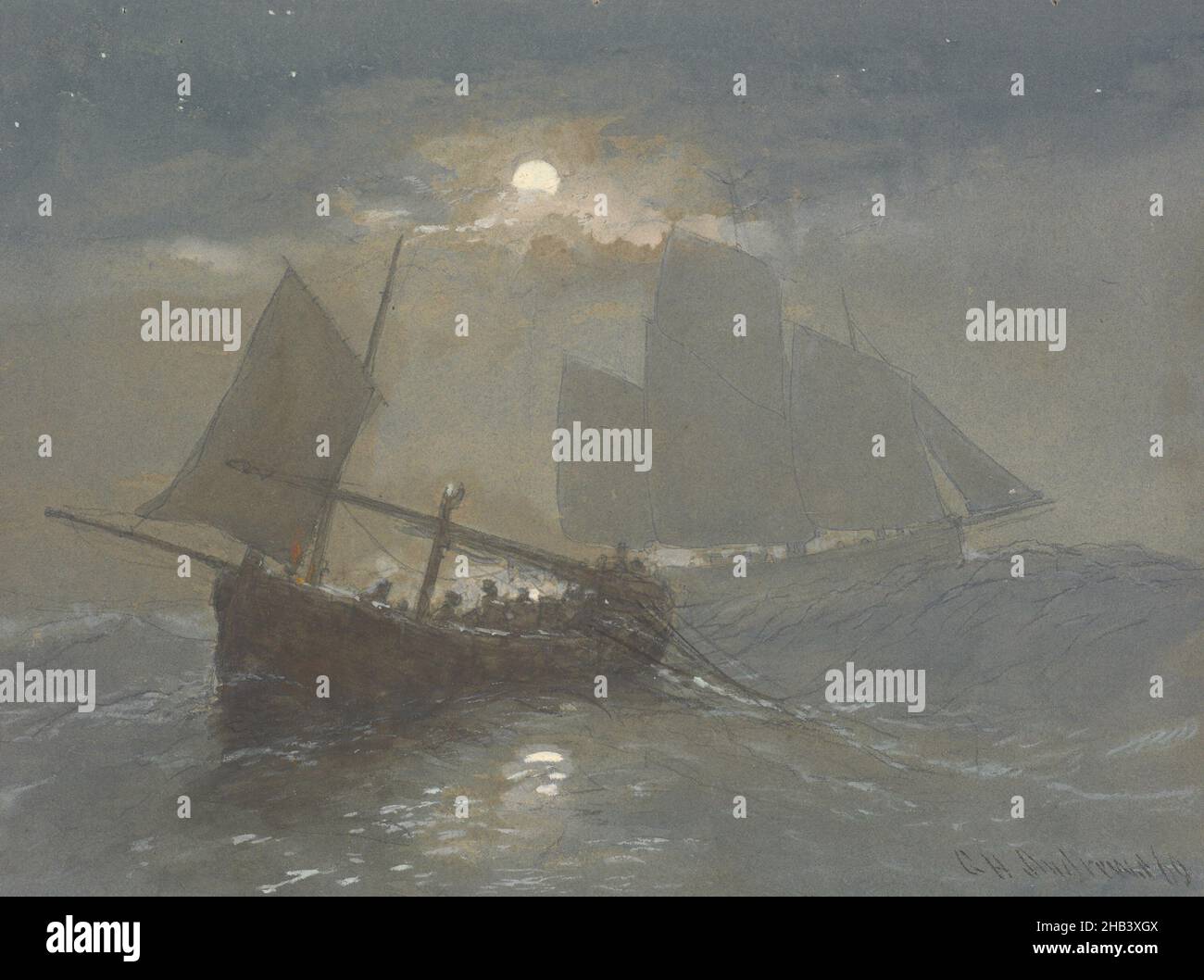 Fishing boats in moonlight, George Henry Andrews, 1869, England Stock ...