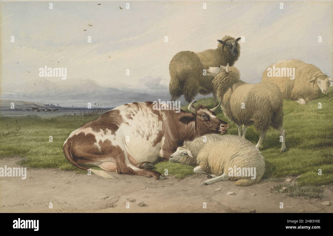Sheep and cow in landscape, Thomas Cooper, 1881, England Stock Photo ...