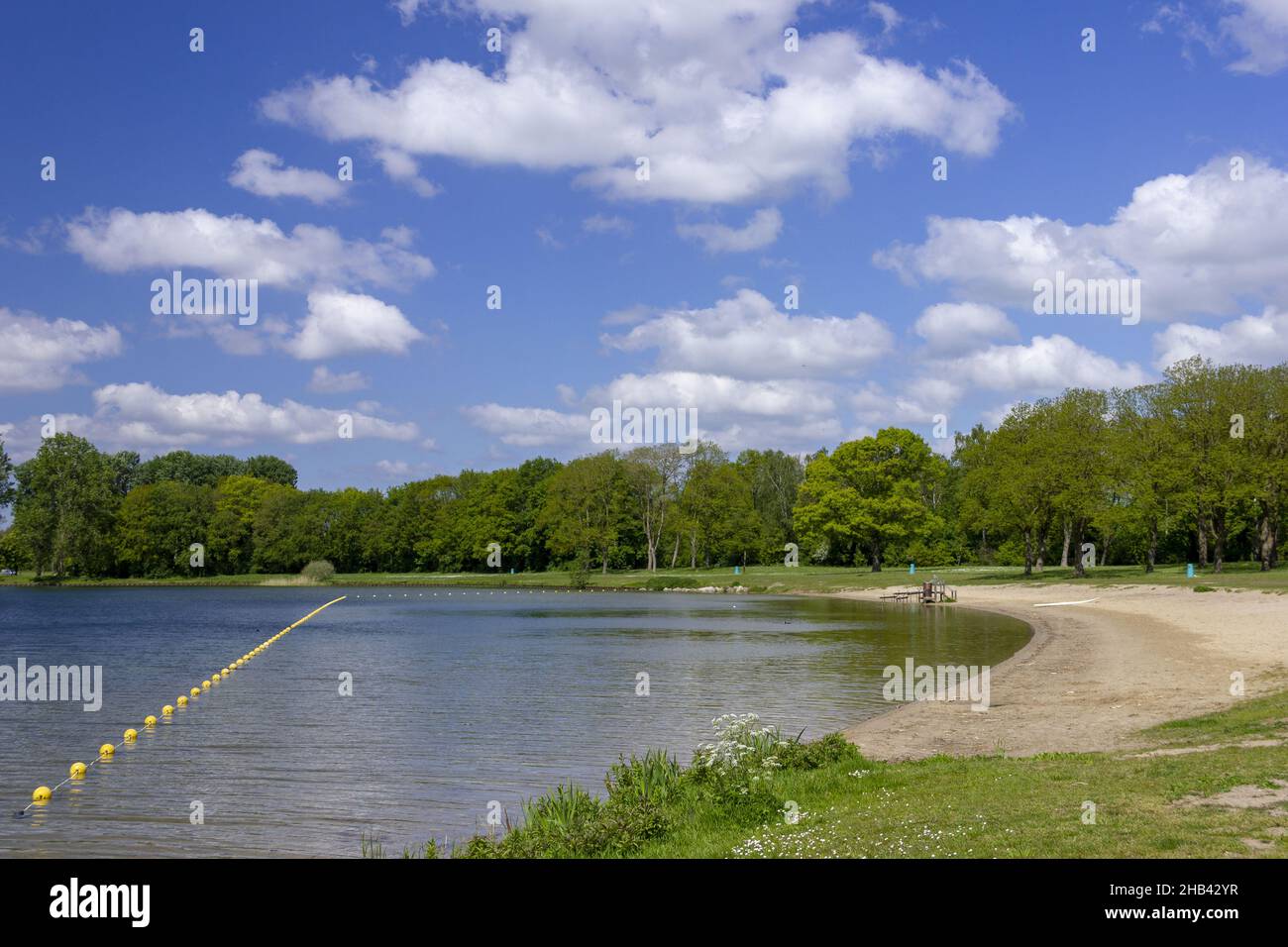 Landscape view of the yellow buoys in the Lake. Bussloo, Netherlands ...