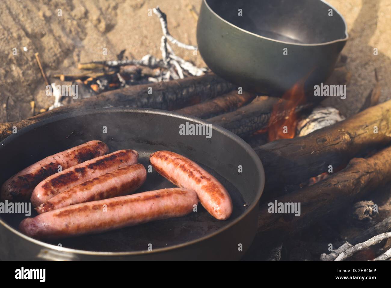 Cooking food outside on an open fire as a bbq on a sandy beach Stock ...
