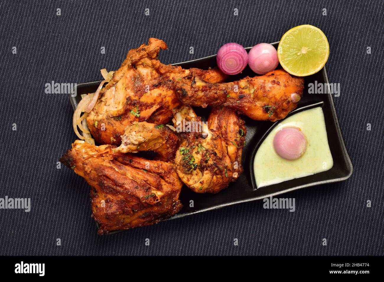 Top View of Tandoori Chicken with Chutney and onion in Plate, Famous ...