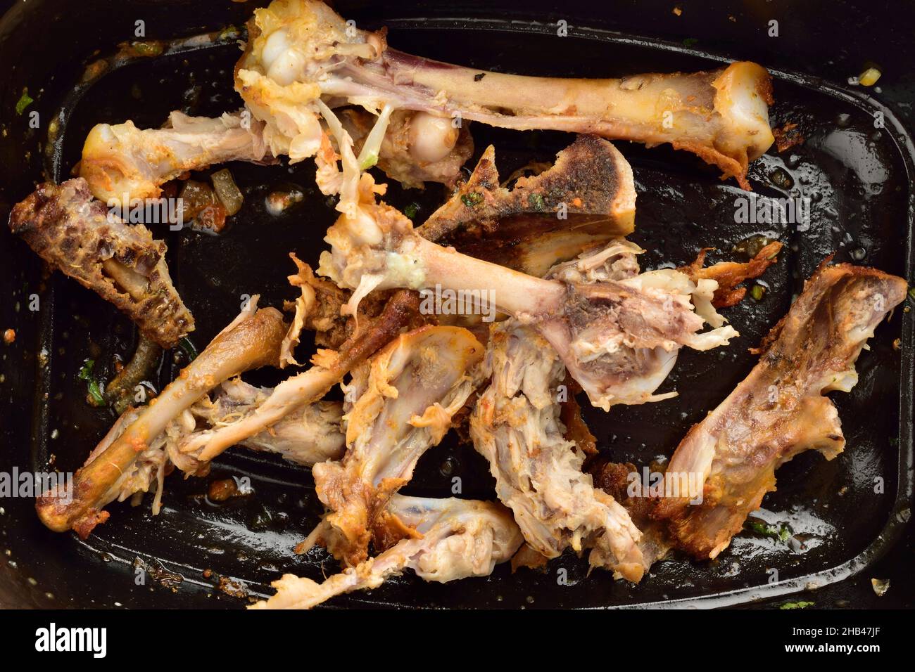Closeup of Leftover Chicken Bones in Black Plate Stock Photo - Alamy