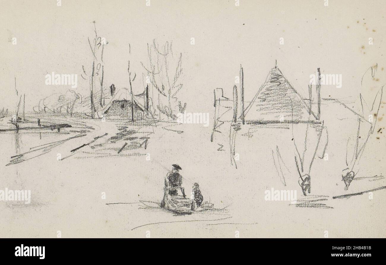 Page 26 verso from a sketchbook with 41 pages, Farmhouse along a canal, a house and figures with ...