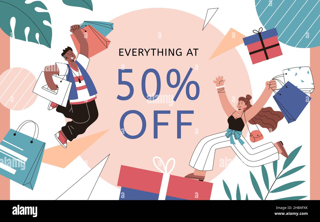 Shopping discount banner in flat style illustration. People happily ...
