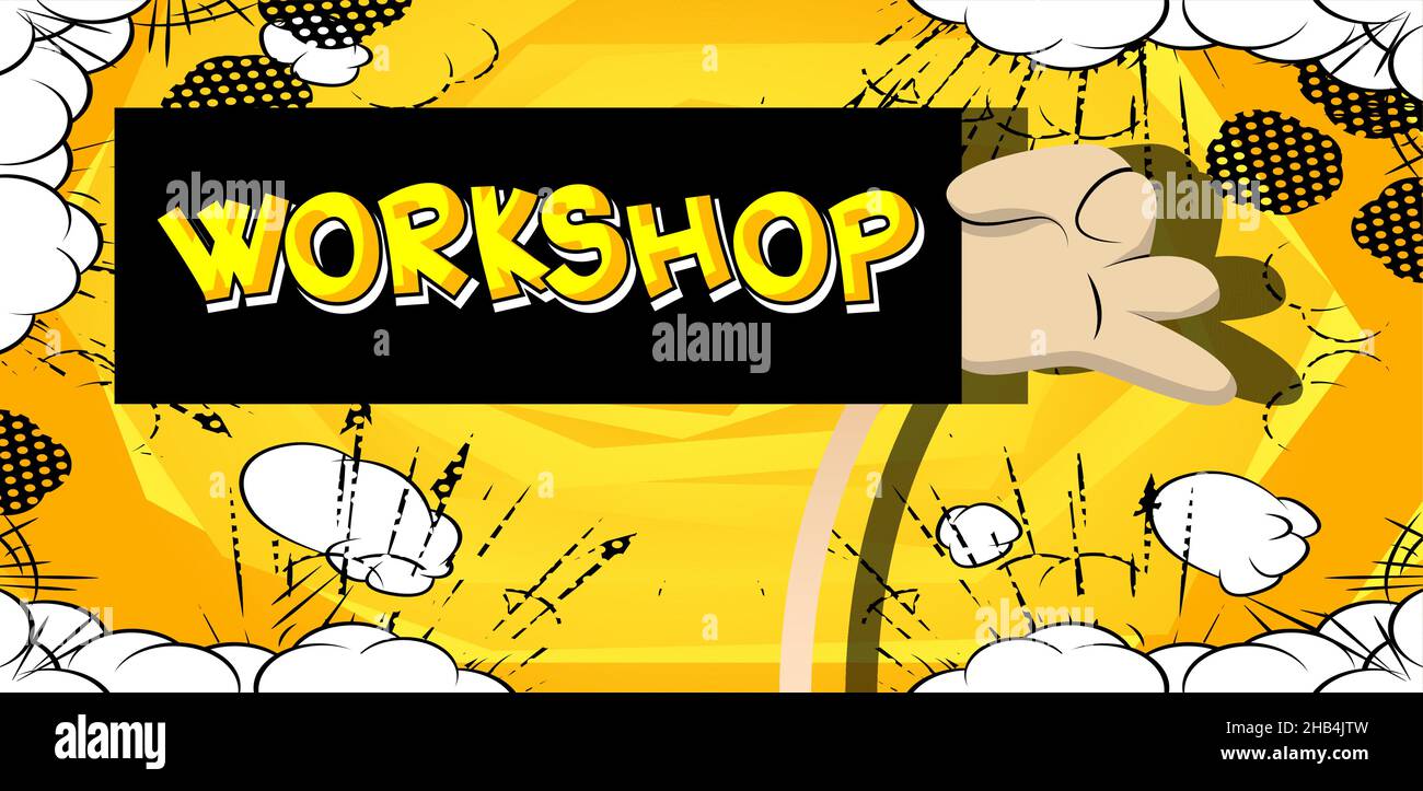 Hand holding banner with Workshop text on sign, paper. Man showing ...