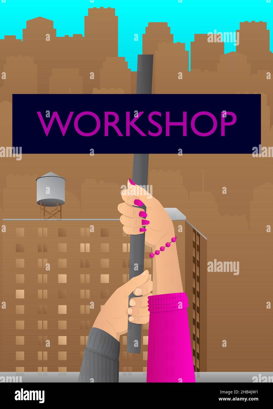 Hand holding banner with Workshop text on sign, paper. Man showing ...