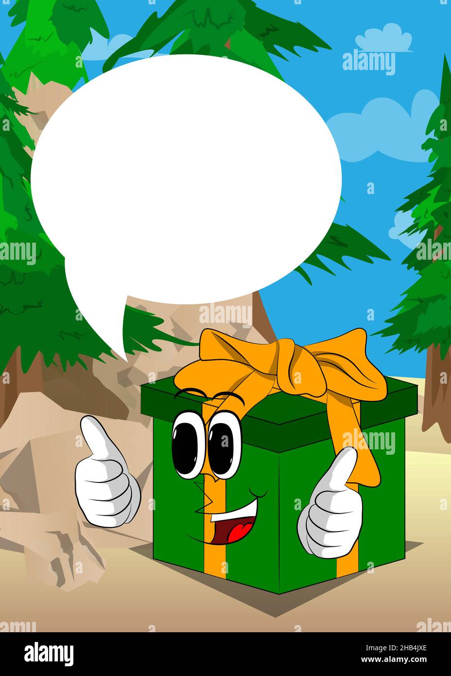 Gift Box with making thumbs up sign with two hands as a cartoon ...