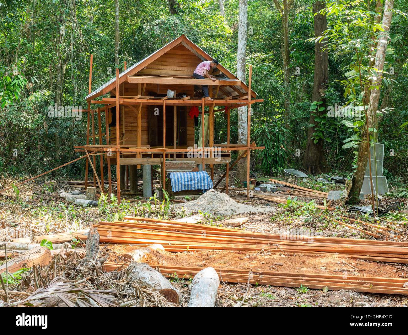 Construction of a teak cabin for monks at Wat Suan Mokkh in the Surat ...