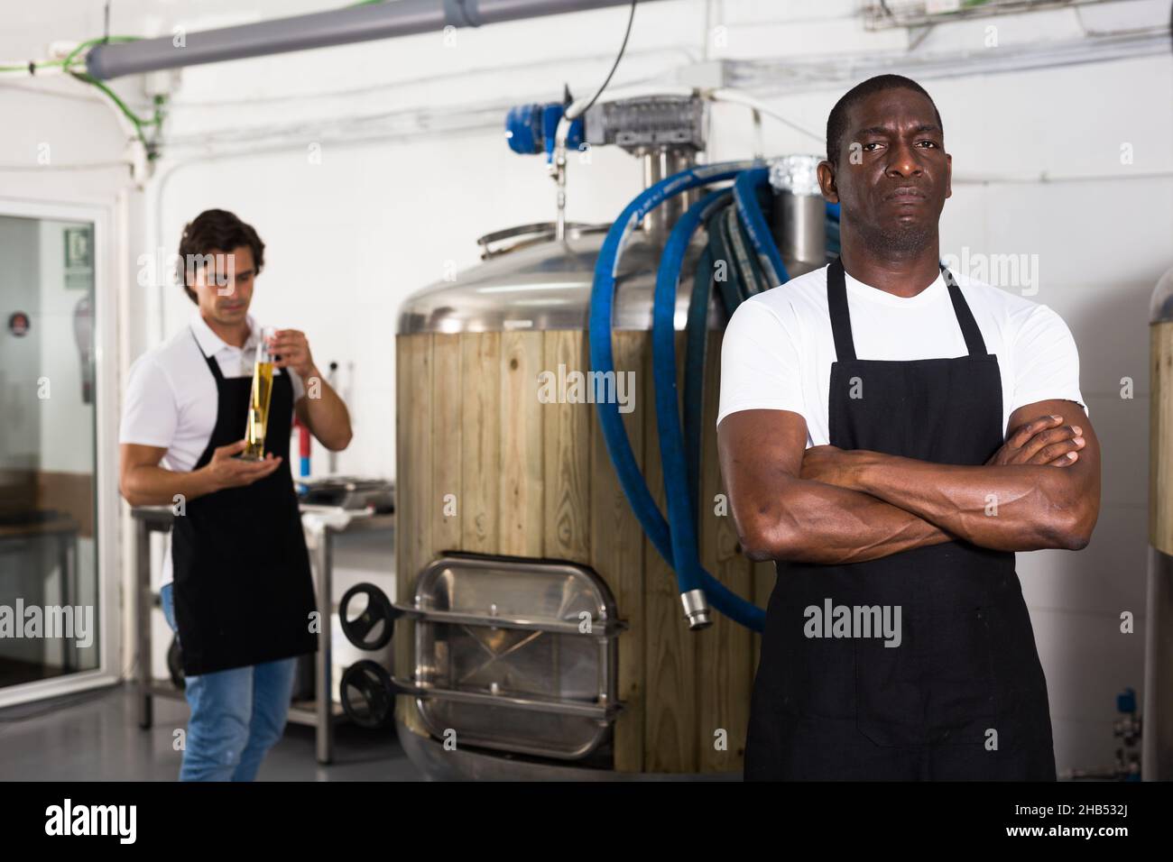 Serious man brewer standing in beer factory during work Stock Photo - Alamy
