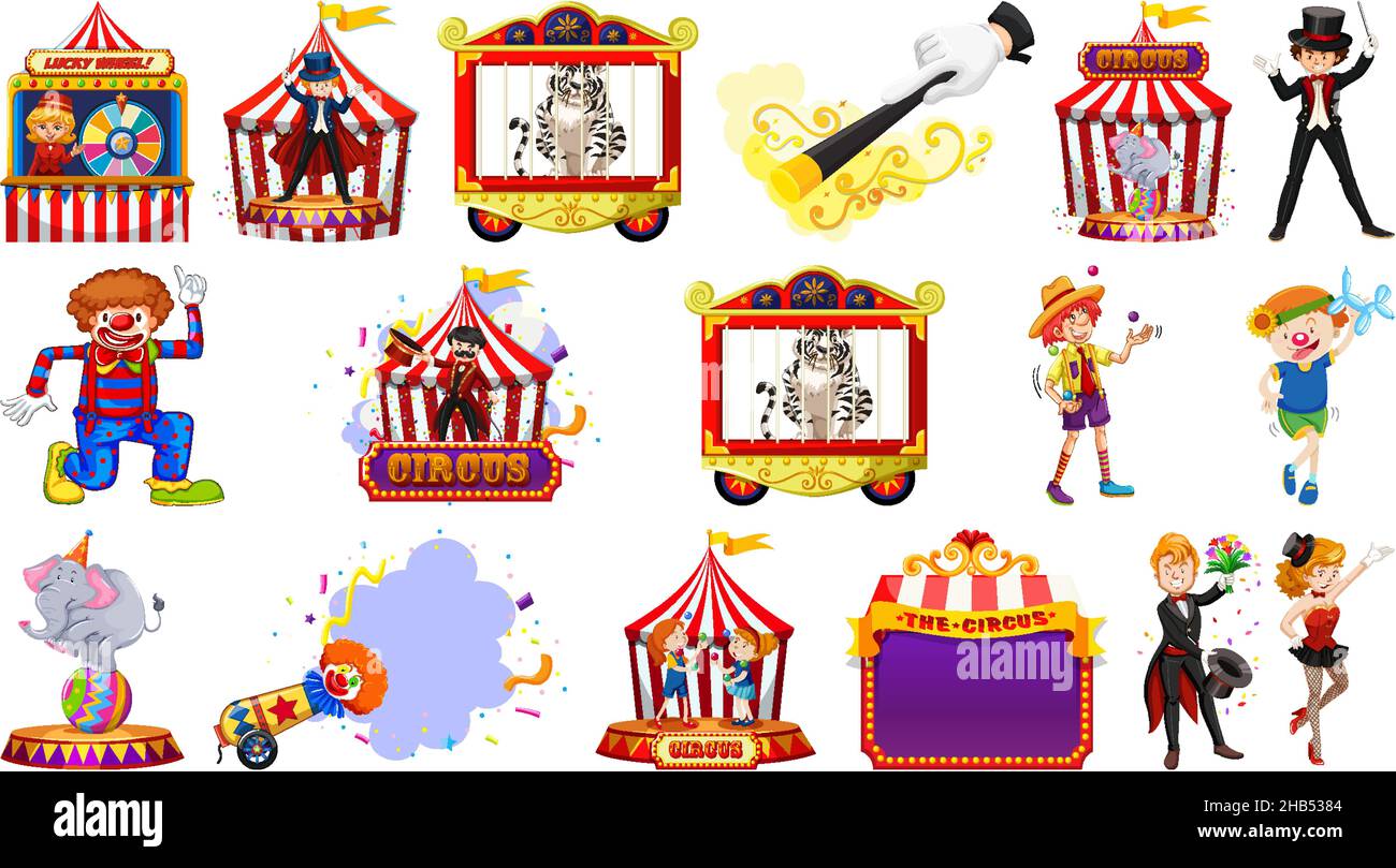 Set of circus characters and amusement park elements illustration Stock ...