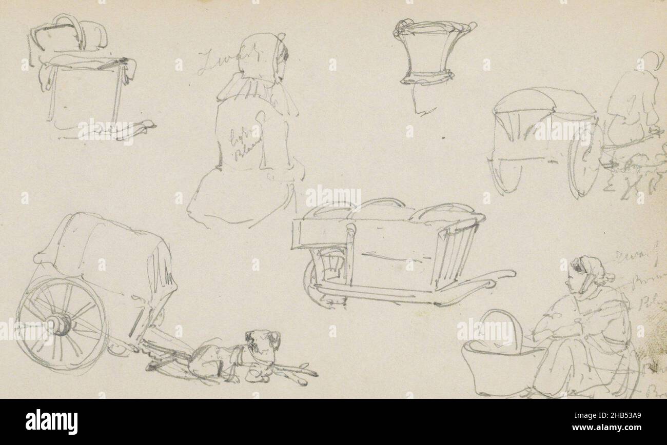 Women in different poses and carts. Bottom left a dog in front of a ...