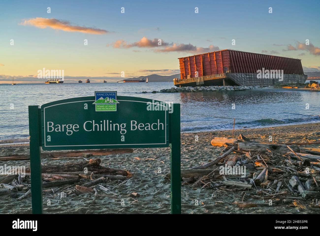 Beached barge, Sunset Beach, English Bay, Vancouver, British Columbia ...