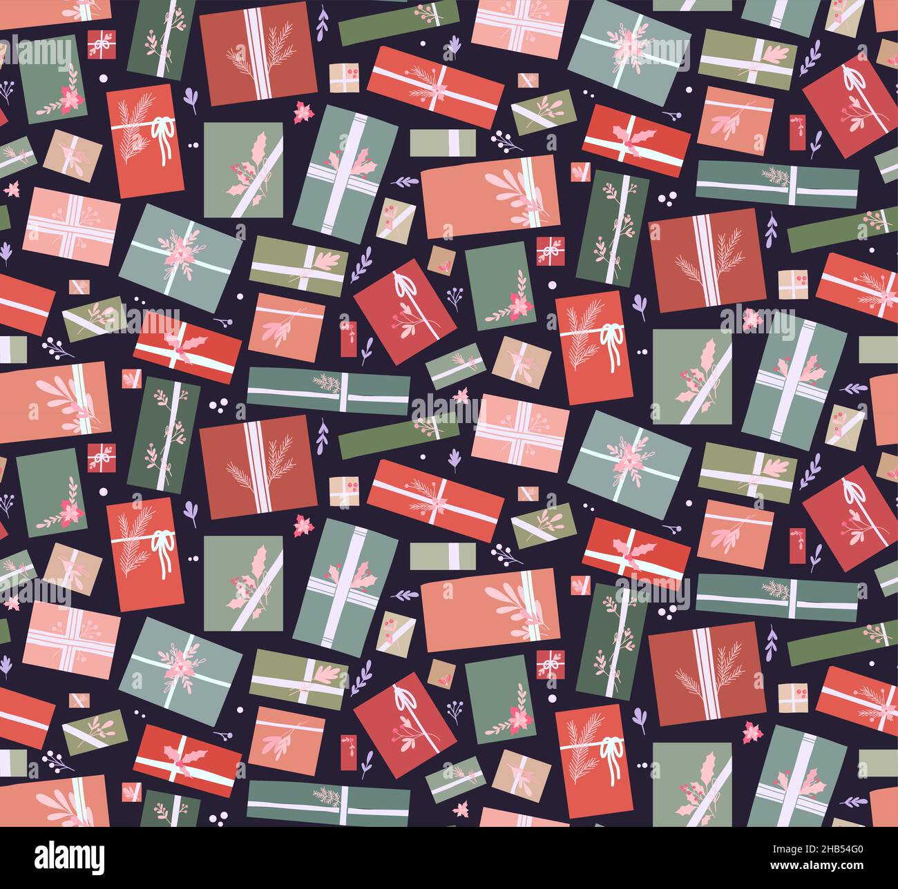 Vector seamless holiday pattern with hygge gift boxes with branches ...
