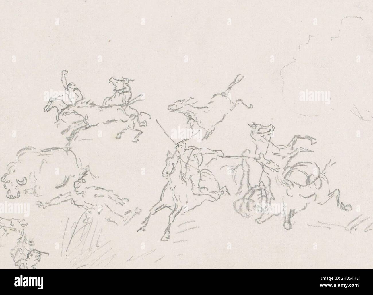 Galloping horses, partly ridden by native Americans. On the left a ...