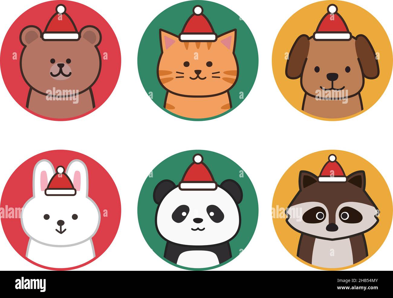 Icon set of various animals wearing a Santa hat happily. Vector ...