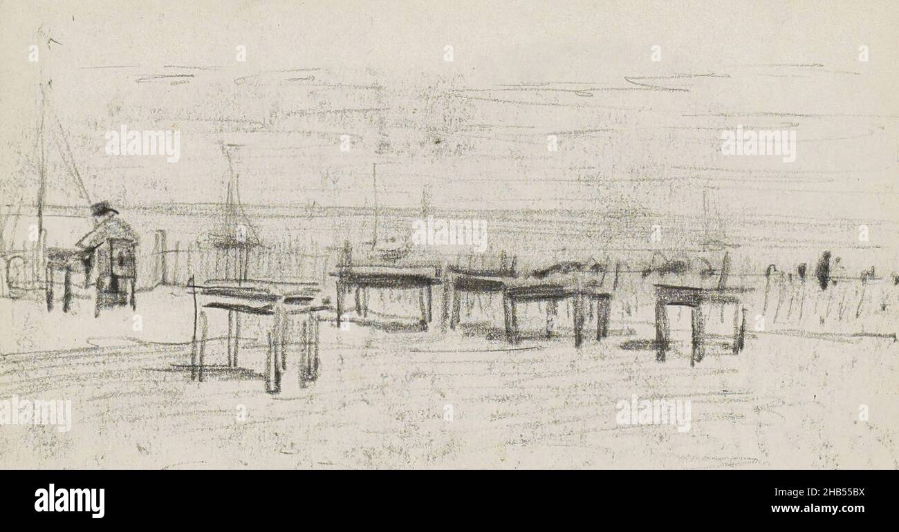 A man sits at one of the tables. In the background some sailing ships ...