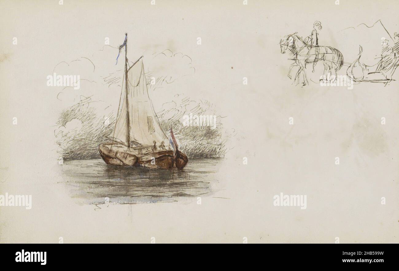 The sailing ship carries the Dutch flag. The figures in the horse-drawn ...