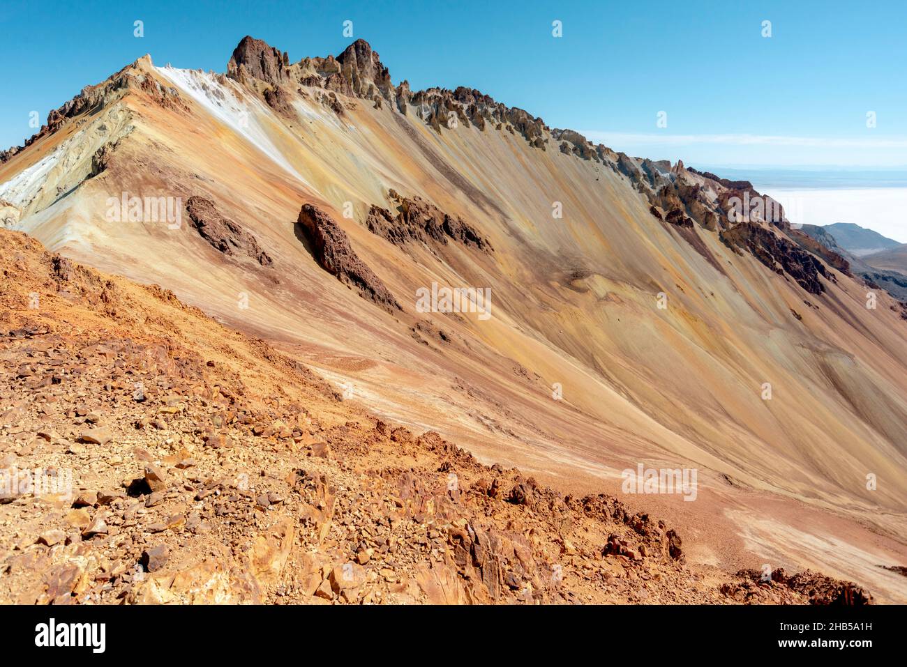 colorful mountain landscape of eroded volcano crater in Bolivia Stock ...