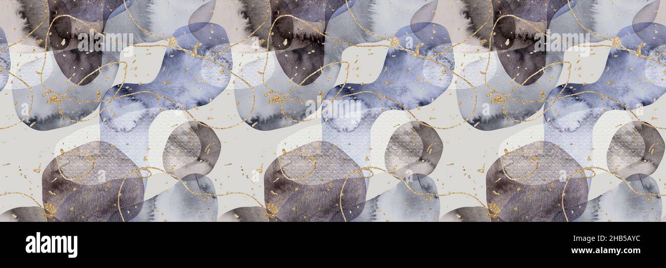 Seamless watercolor abstract organic blob shape overlay with gold lines ...