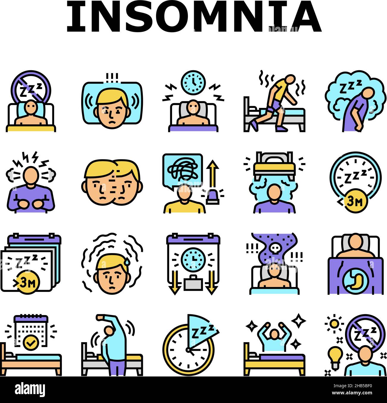 Insomnia Person Chronic Problem Icons Set Vector Stock Vector Image ...