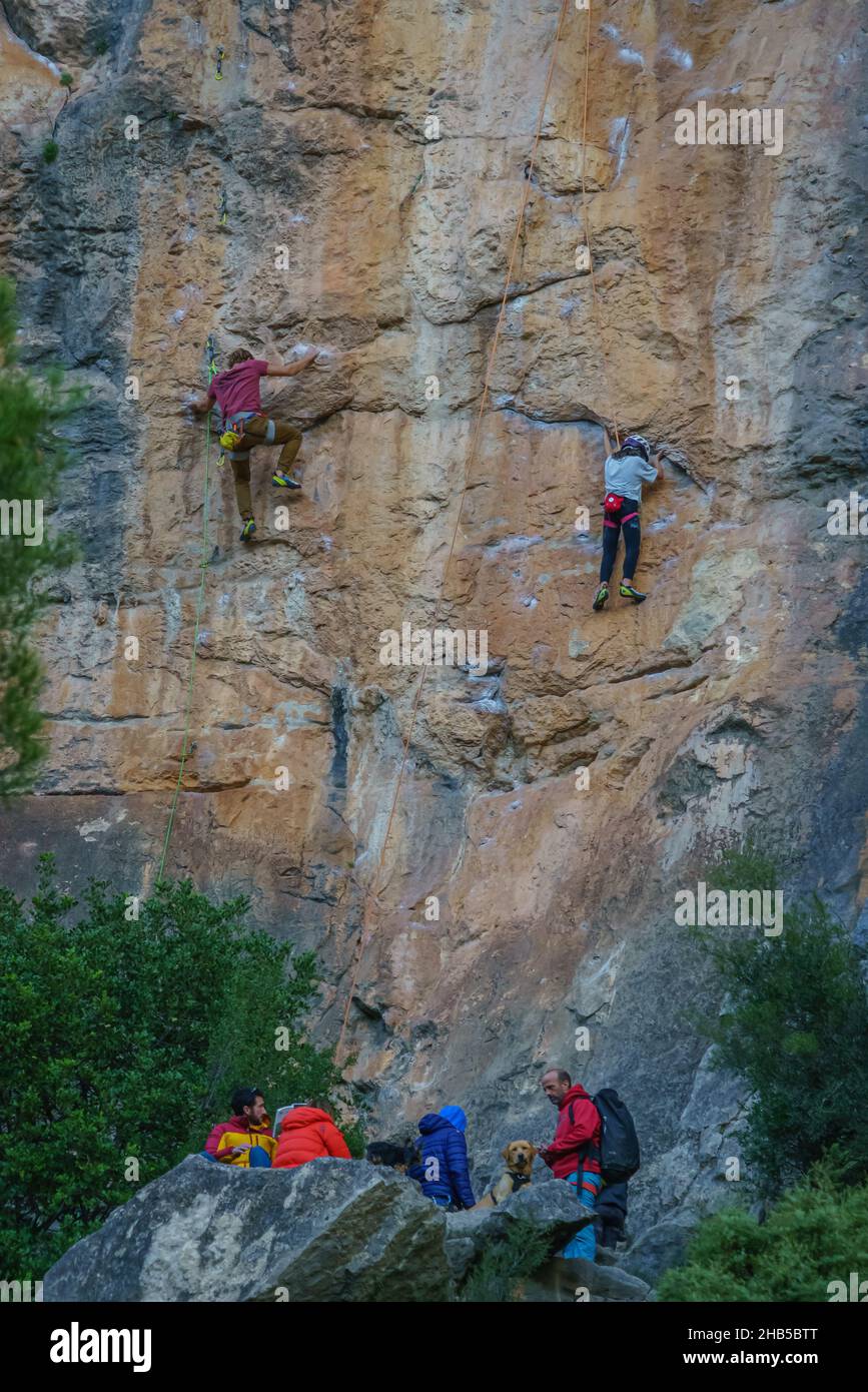 Father and son go rock climbing in Chulilla. Valencia. December 2021 ...
