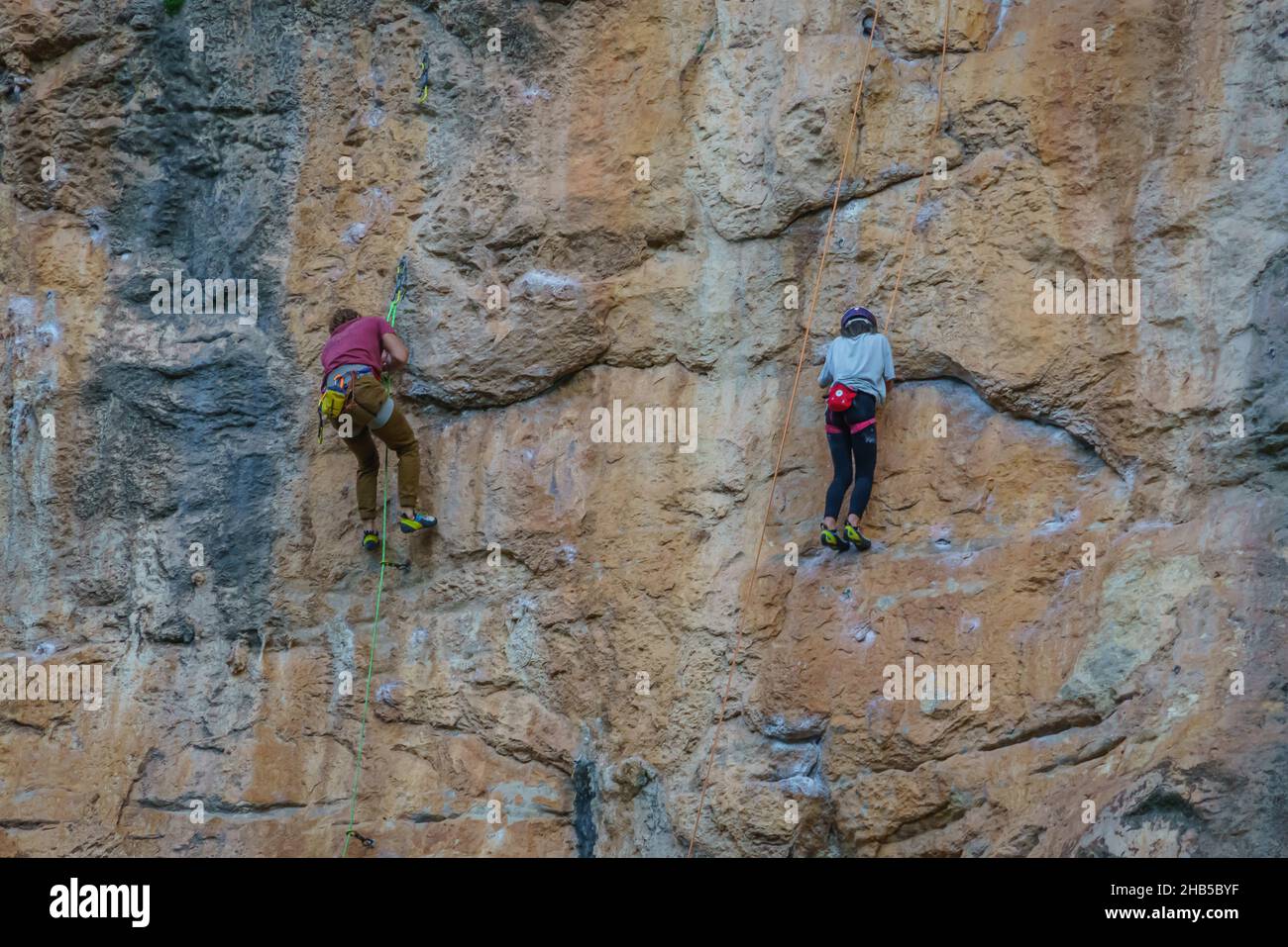 Father and son go rock climbing in Chulilla. Valencia. December 2021 ...