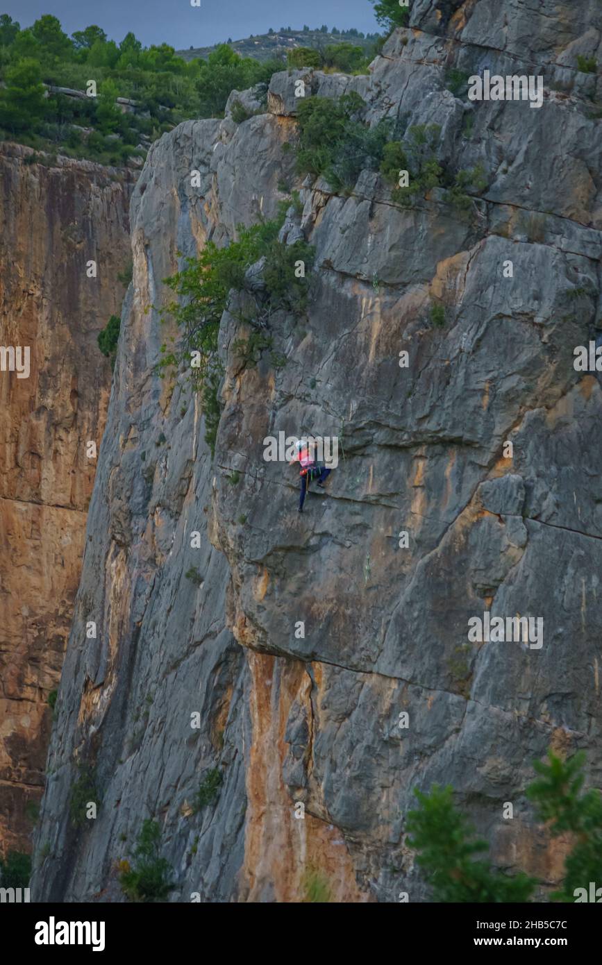 Young woman practices rock climbing in Chulilla. Valencia. December ...