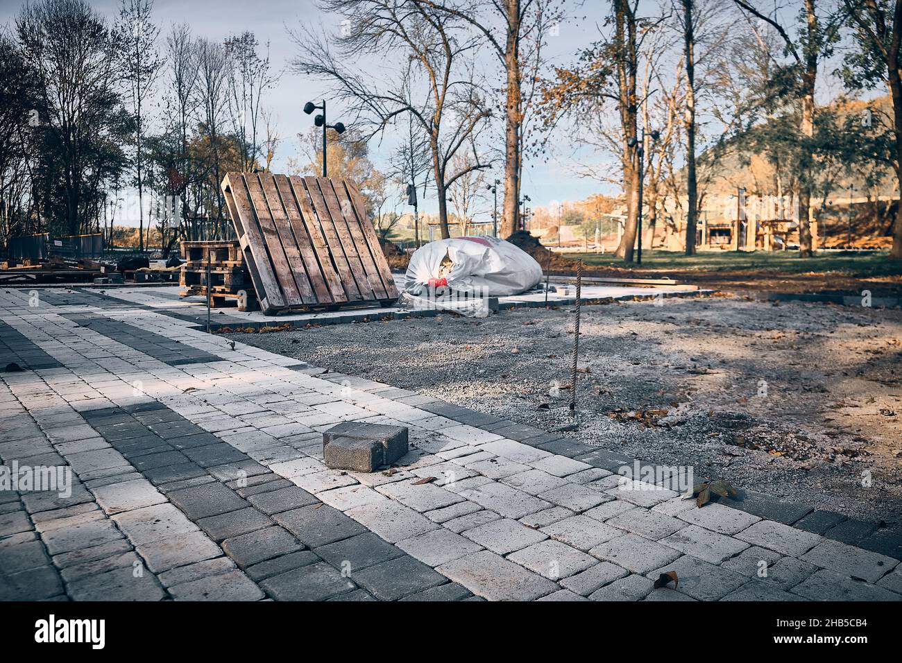 Public park pavement work Stock Photo - Alamy
