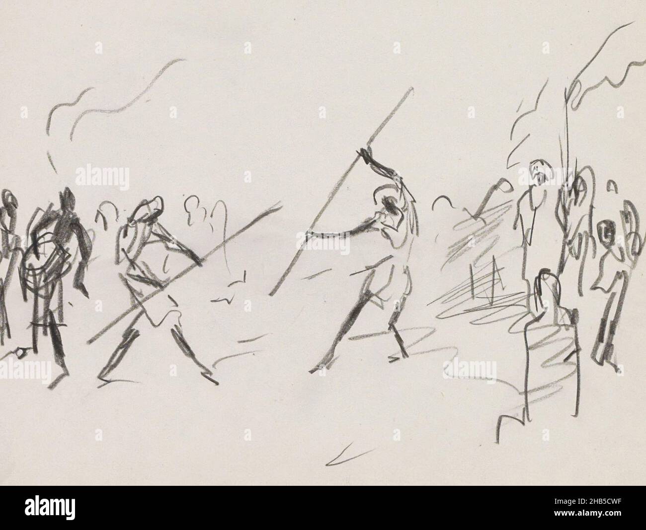 Two figures fighting with sticks while a group of people are watching ...