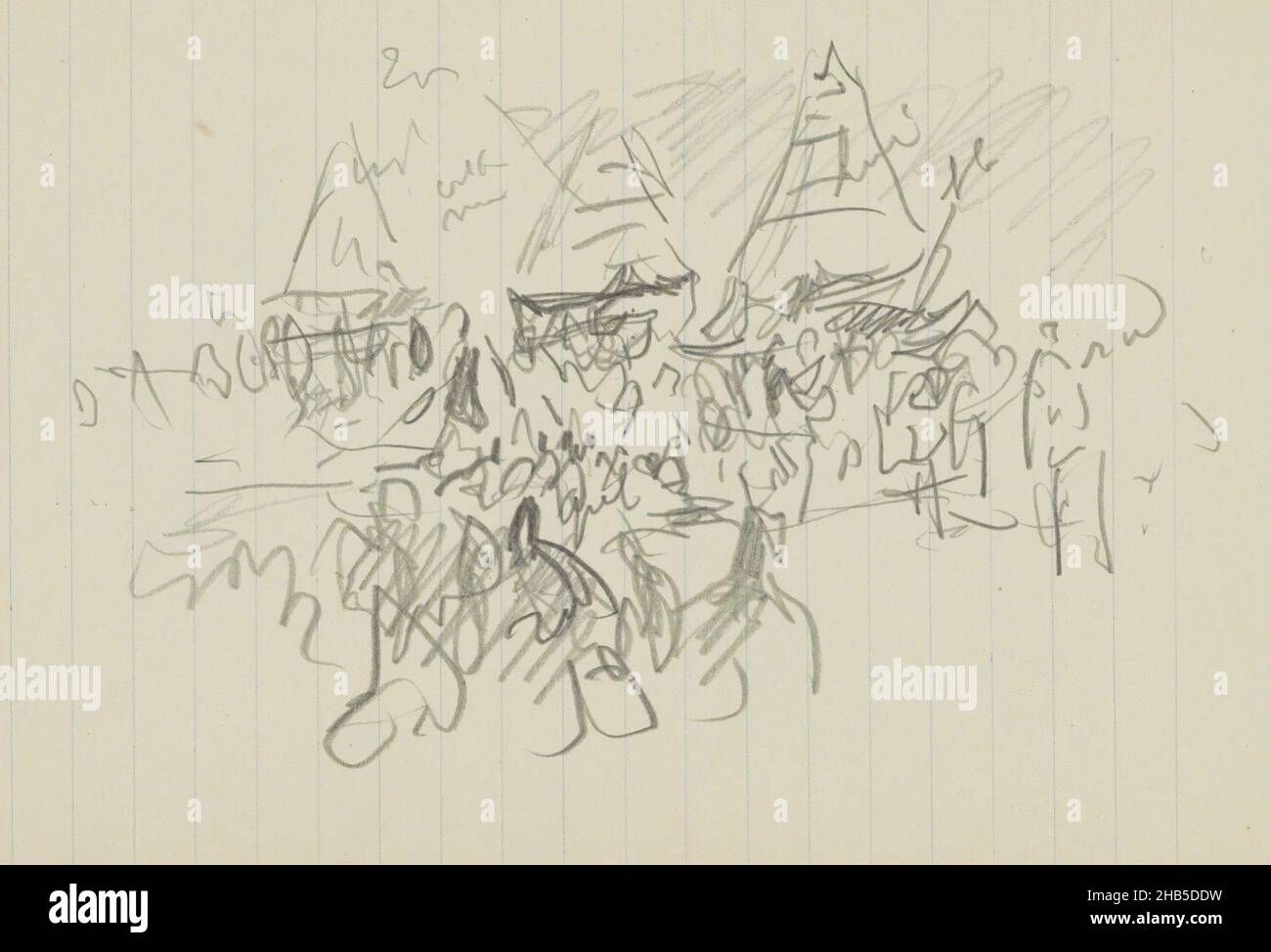 Page 85 from a sketchbook with 74 pages, Figures for three houses with ...
