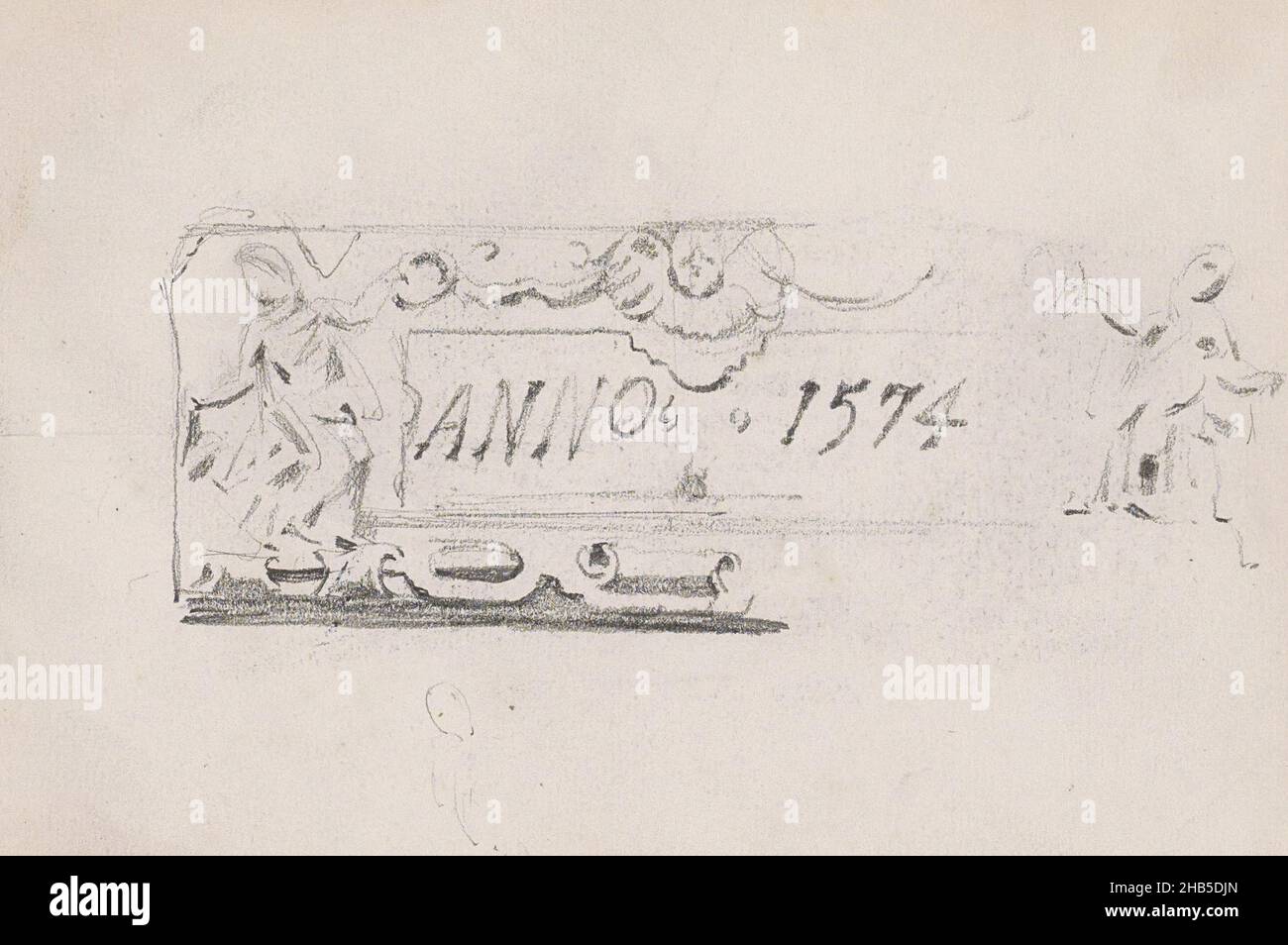 Facade stone with two dancing women on either side of the inscription ...