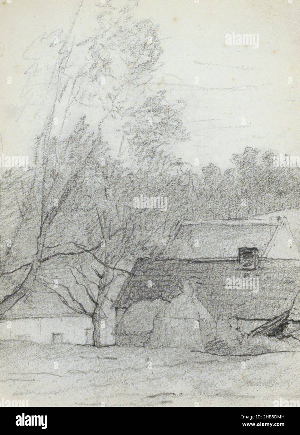 Sheet 3 recto from a sketchbook with 27 sheets, Hay bales next to a ...